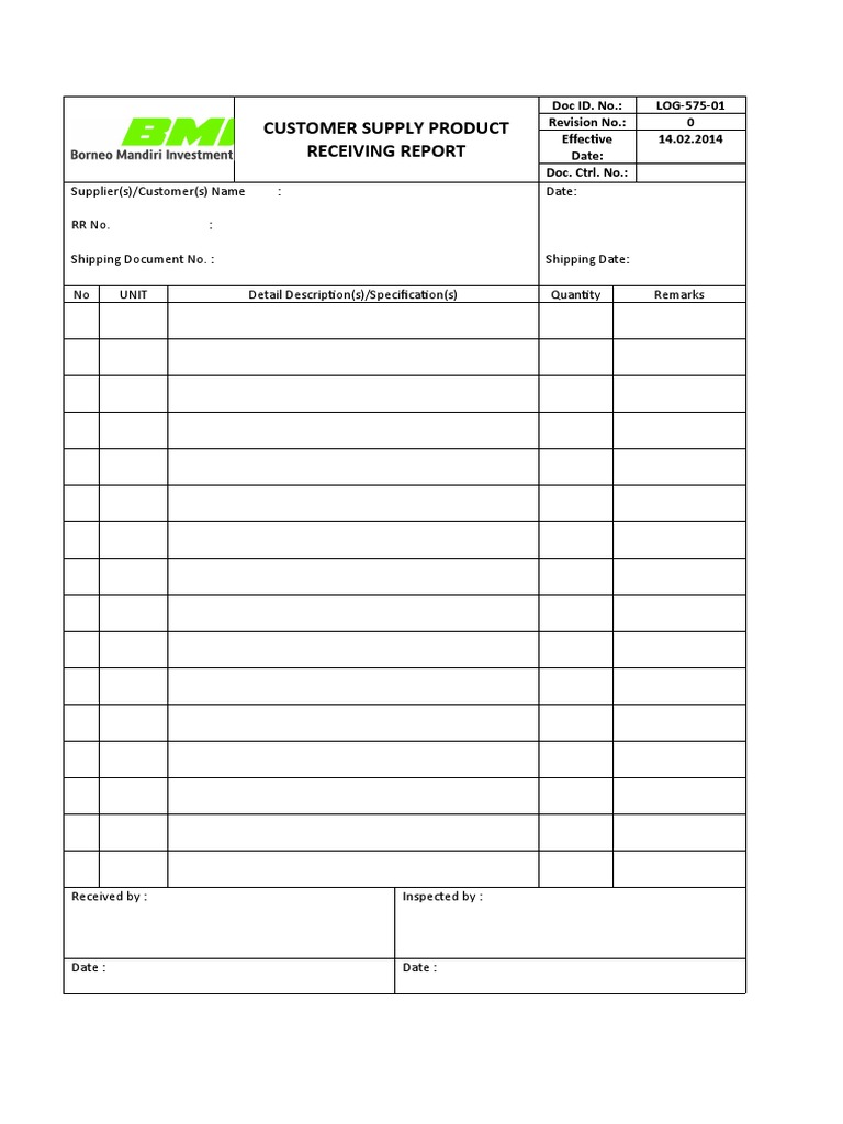 LOG-575-01 Customer Supplied Product Receiving Report Rev.0 | PDF ...