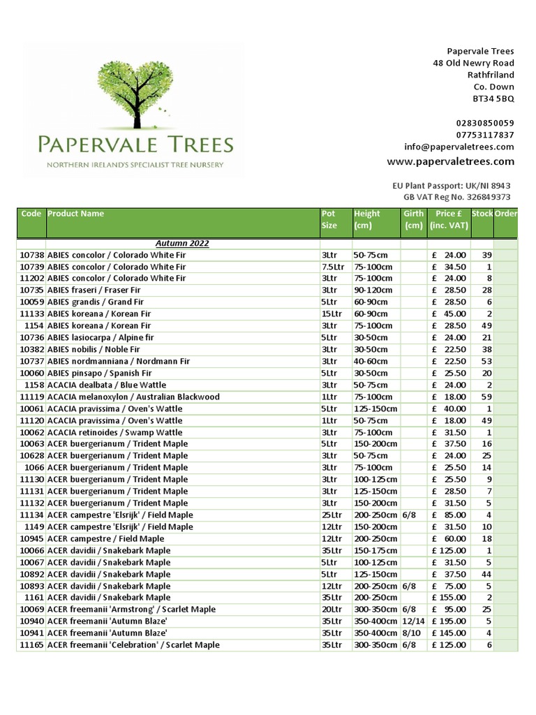 Availability List Autumn R 2022 | PDF | Maple | Spruce