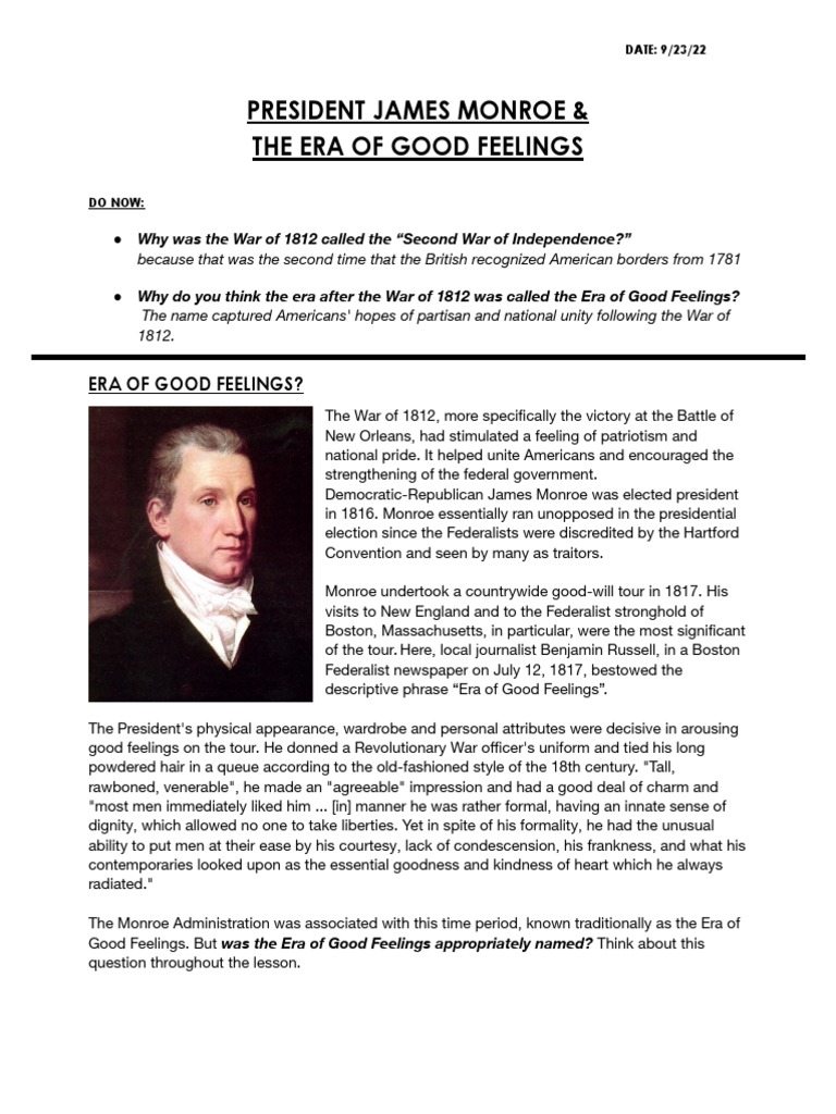 President James Monroe & The Era of Good Feelings | PDF