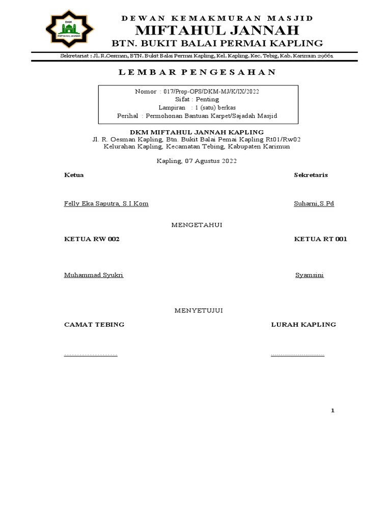 Proposal Pengadaan Sajadah Masjid Miftahul Jannah Kapling 2022 | PDF