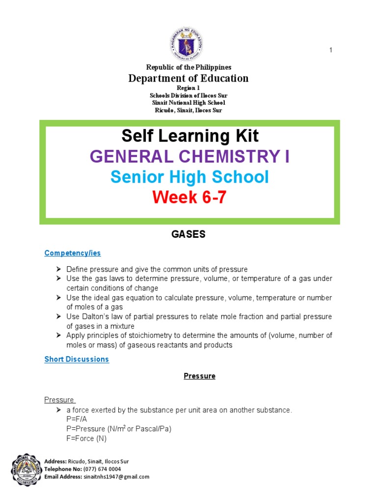 General Chemistry I: Self Learning Kit | PDF | Gases | Pressure
