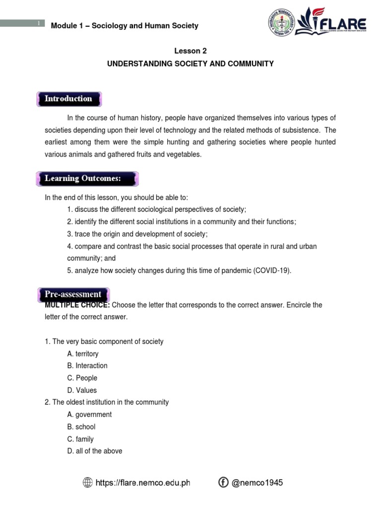 Sociology and Human Society: MULTIPLE CHOICE: Choose The Letter That ...