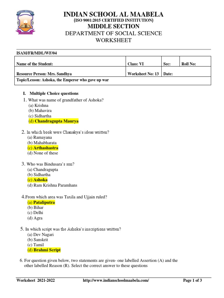 Ashoka: Emperor Who Gave Up War Worksheet | PDF