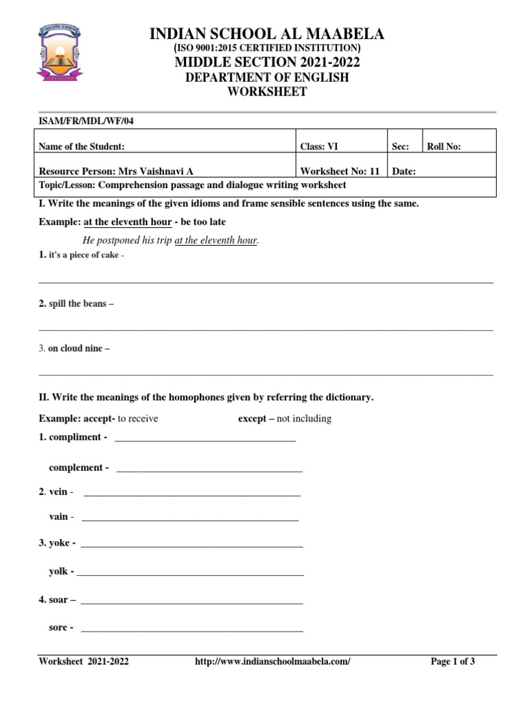 Class 6 - WS No 11 - Comprehension Passage and Dialogue Writing ...