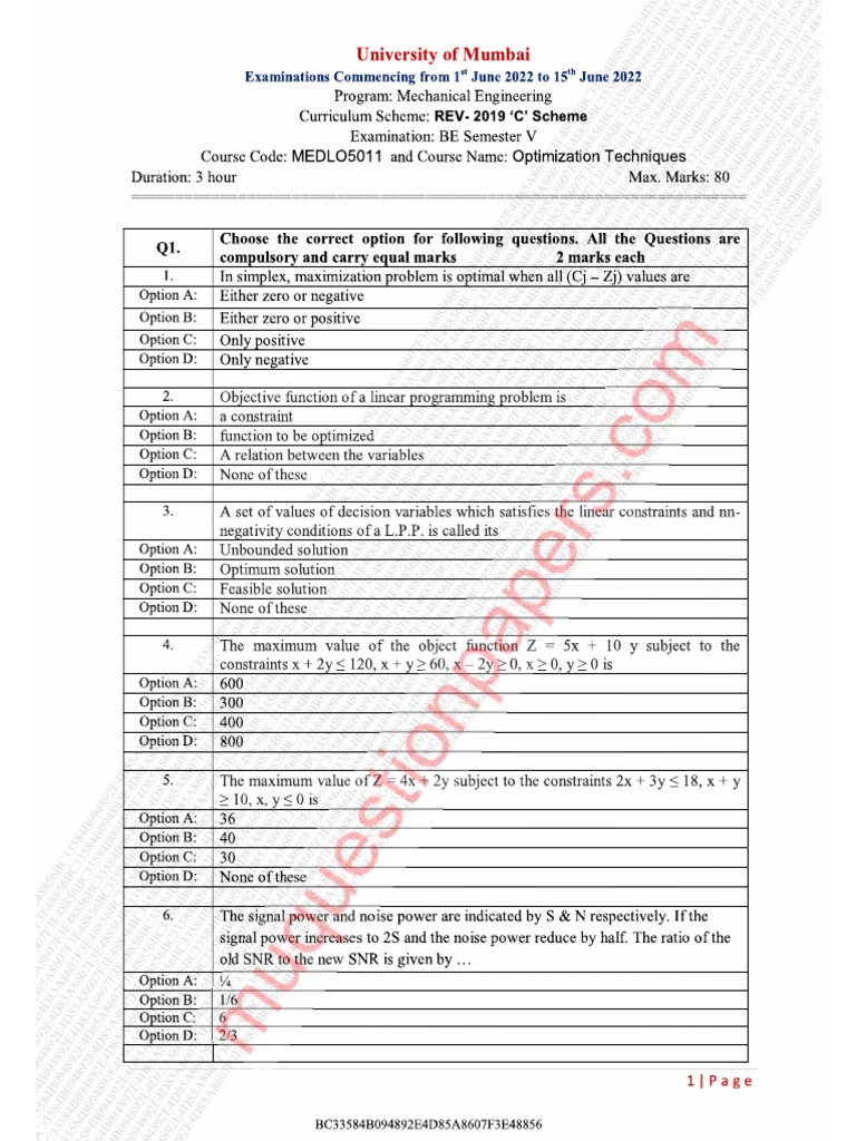 Be - Mechanical Engineering - Semester 5 - 2022 - May - Optimization ...