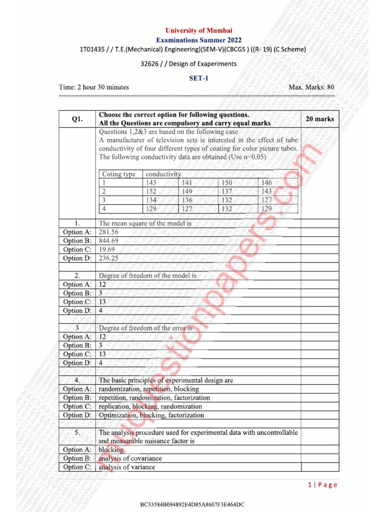 Be Mechanical Engineering Semester 5 2022 May Design of Experimentsrev ...
