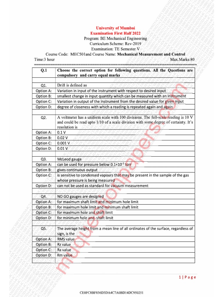 Be Mechanical Engineering Semester 5 2022 May Mechanical Measurements and Controlsrev 2019 C ...