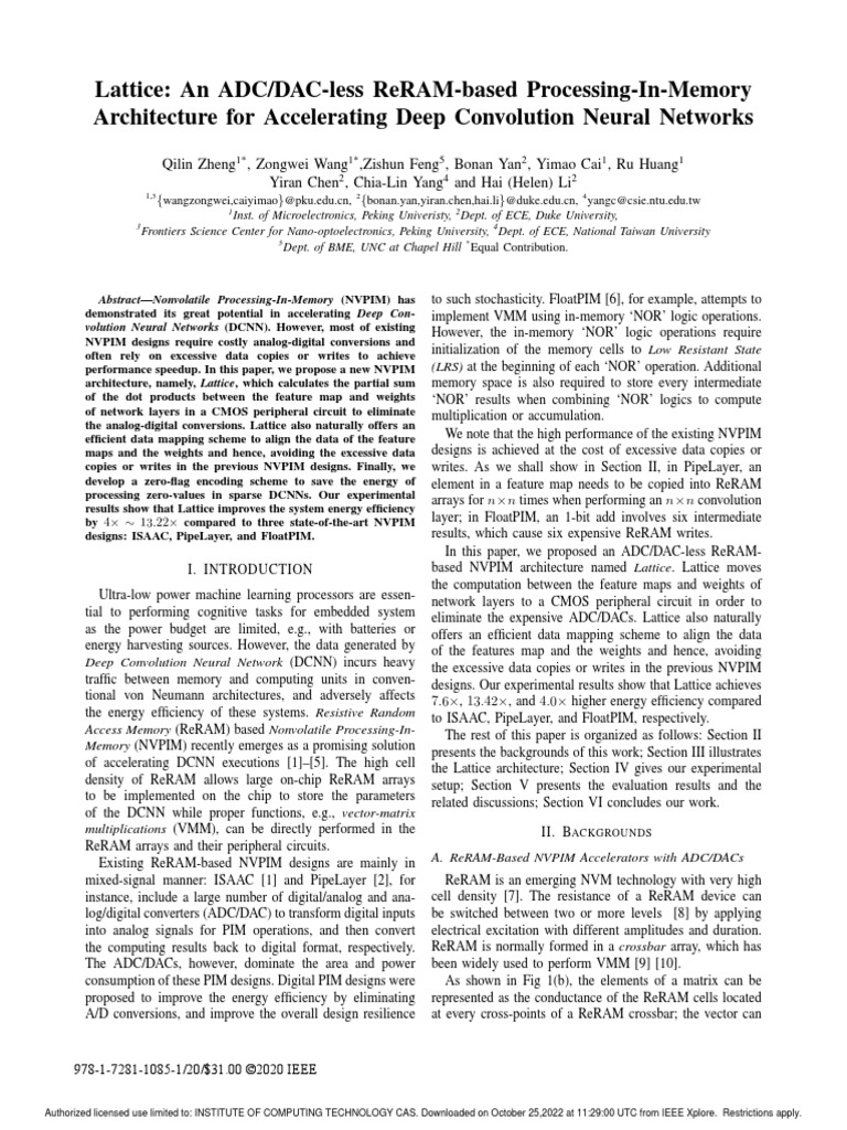 Lattice An ADC DAC-less ReRAM-based Processing-In-Memory Architecture For Accelerating Deep ...
