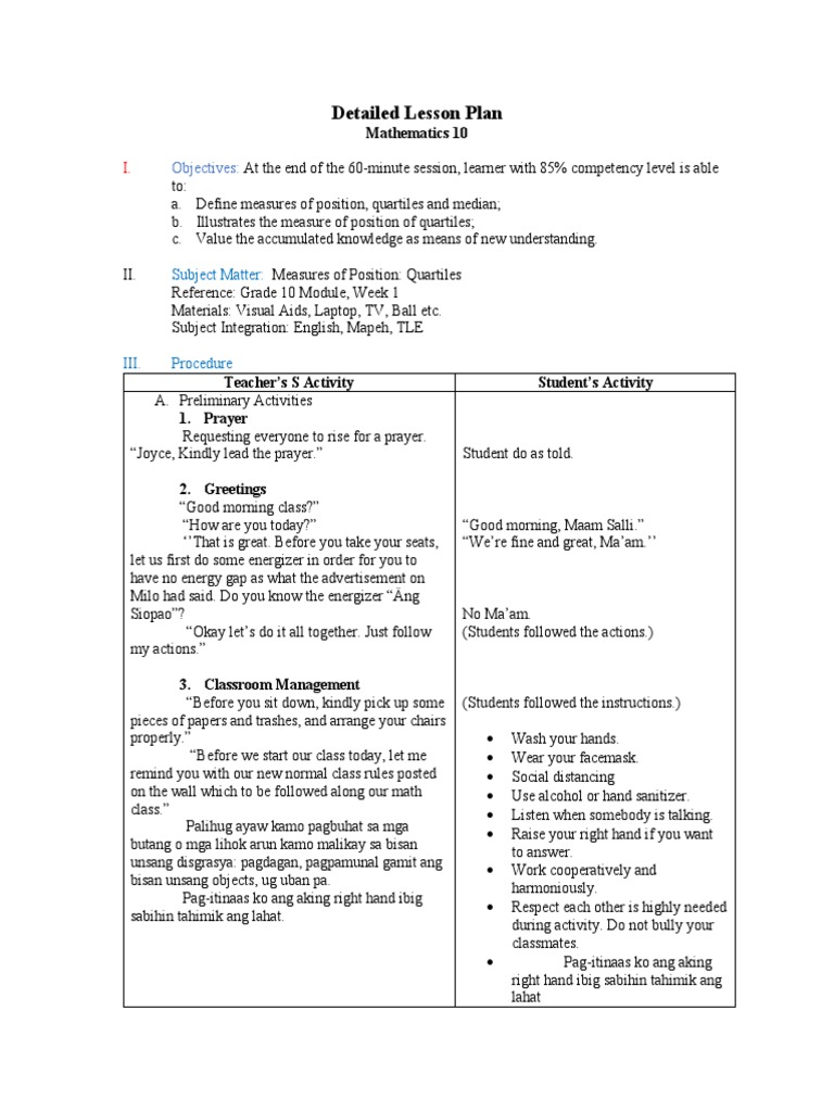 Math 10 Lesson Plan | PDF | Quartile