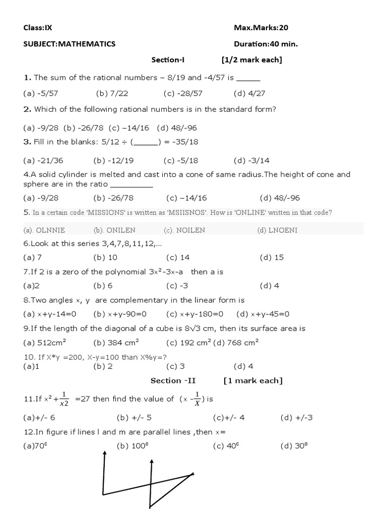 Class 9 Math Aptitude Test | PDF | Sphere | Euclidean Geometry