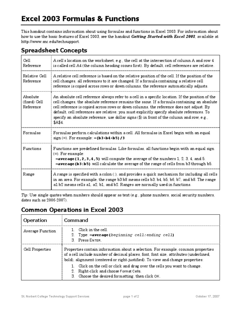 Excel 2003 Formulas + Functions | PDF | Spreadsheet | Microsoft Excel