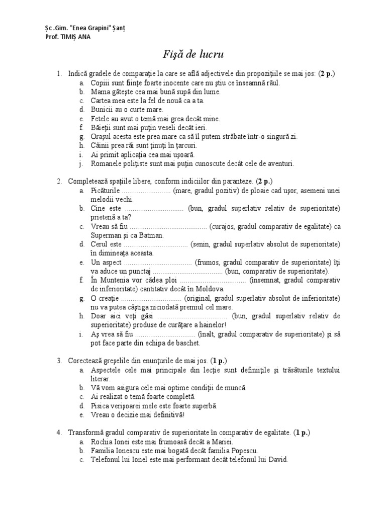 Fisa de Lucru Clasa A Va Gradele de Comparatie Ale Adjectivului | PDF