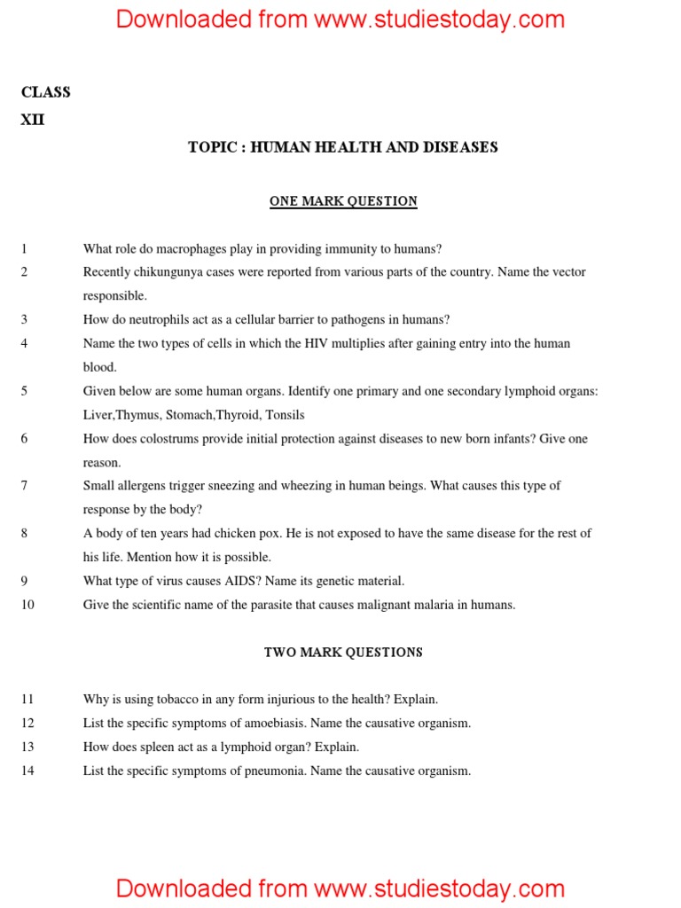 CBSE Class 12 Biology Human Health and Diseases | PDF | Immune System ...