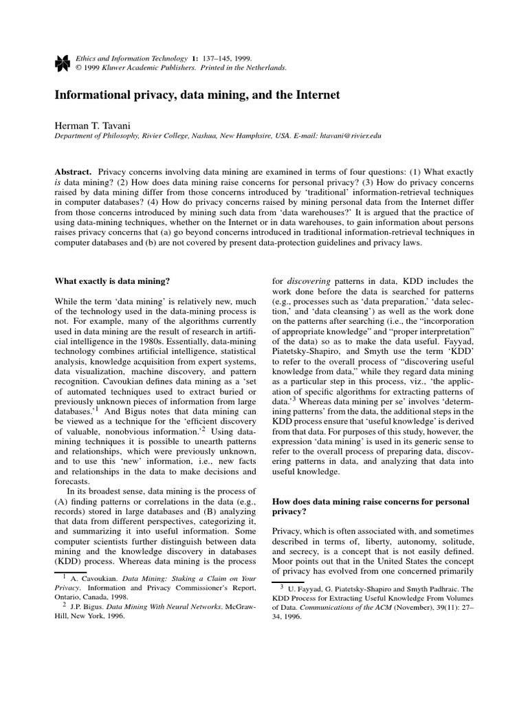TAVANI (1999) Informational Privacy, Data Mining, and The Internet | PDF | Data Mining ...