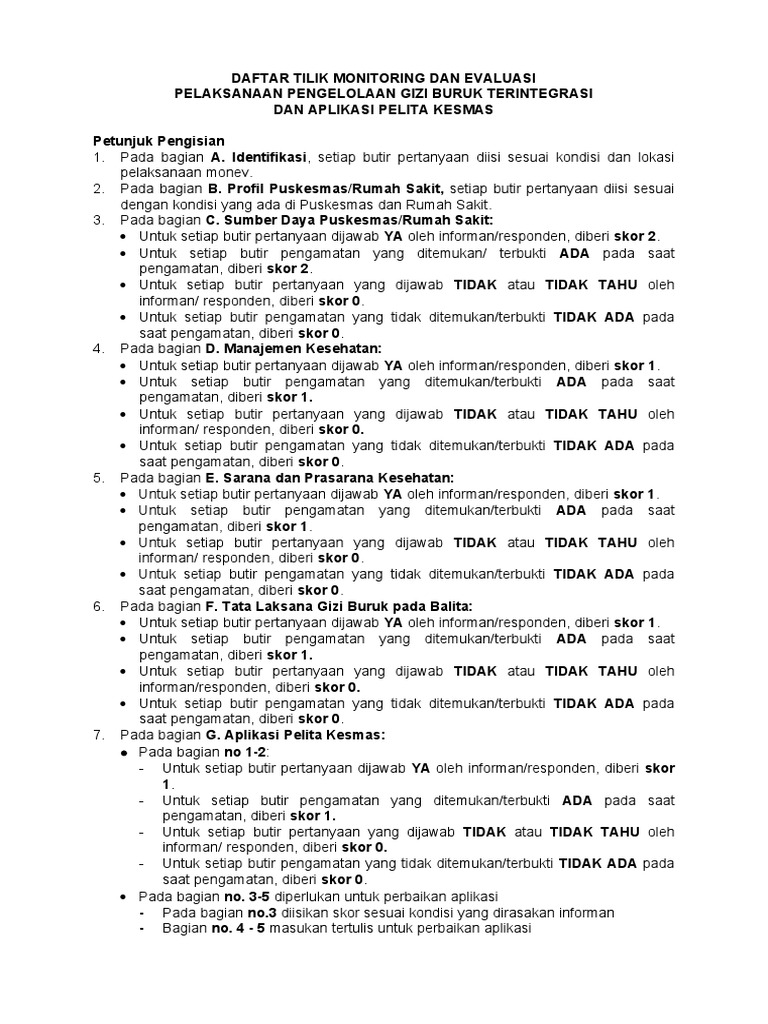 Daftar Tilik Monev Pelita Kesmas Dan Gizi Buruk Untuk PKM Dan RS | PDF ...