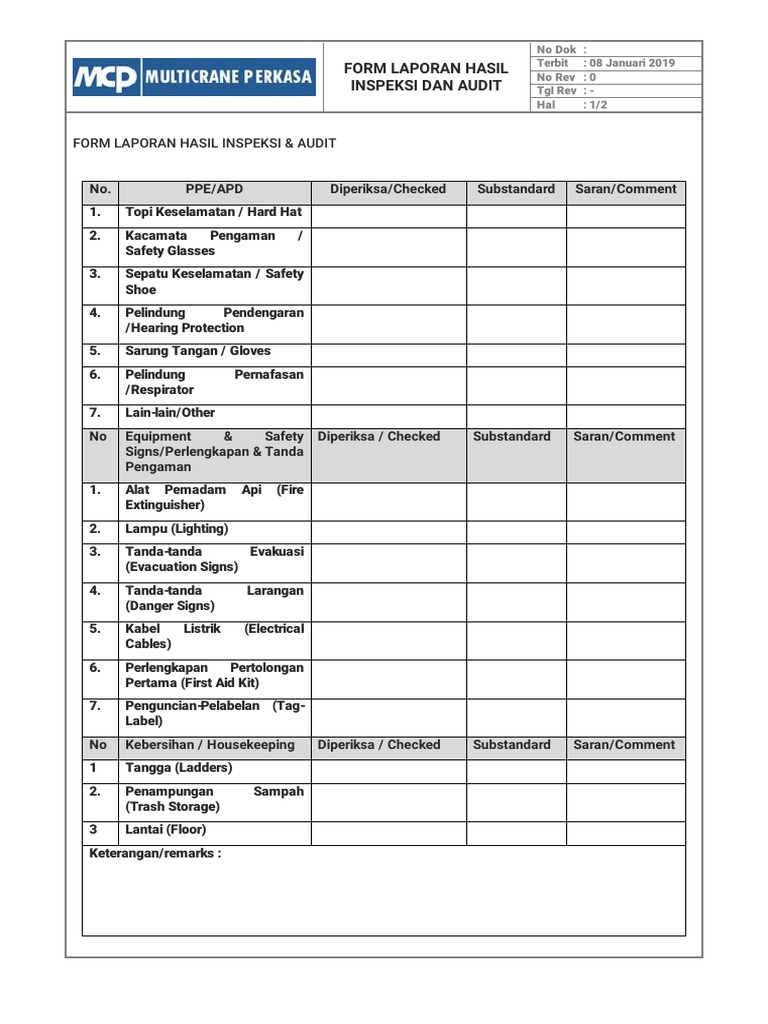 P-FRM-K3-026 Laporan Hasil Inspeksi Dan Audit | PDF