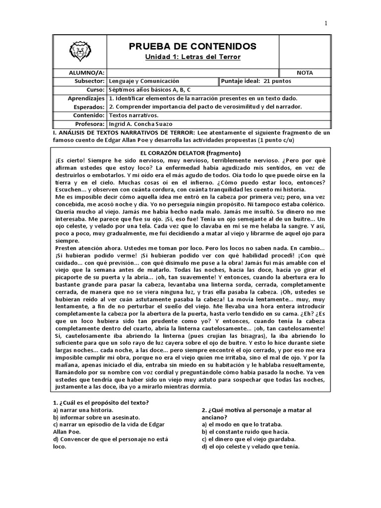 PRUEBA Unidad 1 TERROR 7mo | PDF | Novela negra, policíaca y suspenso