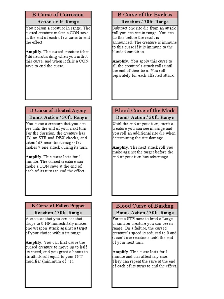 Blood Curse Cards (Corrosion, Eyeless, Agony, Marked, Puppet, Binding ...