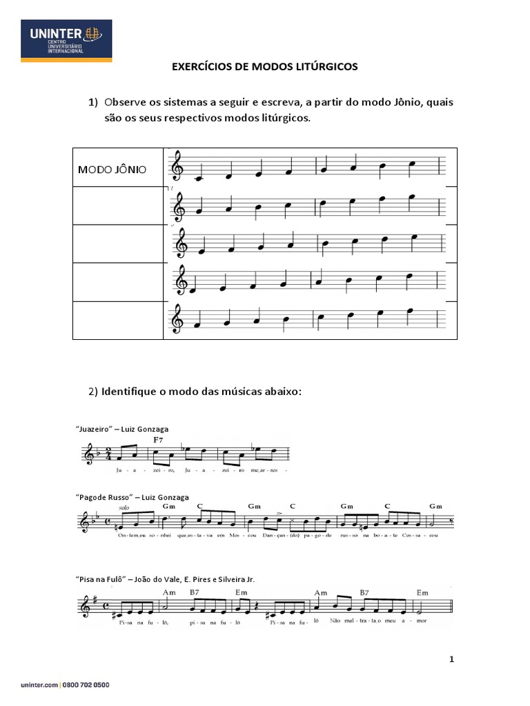2 Exercicios de Modos Liturgicos | PDF | Escala (música) | Notação
