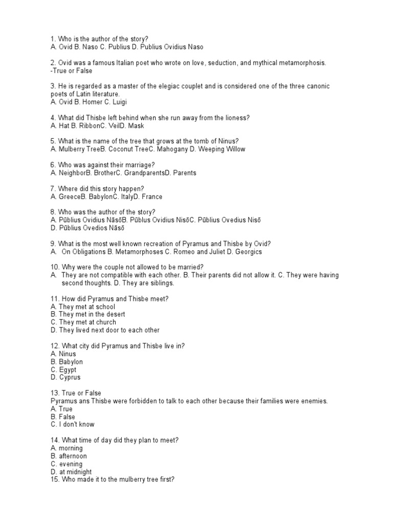Ovid's Pyramus and Thisbe Story Quiz | PDF