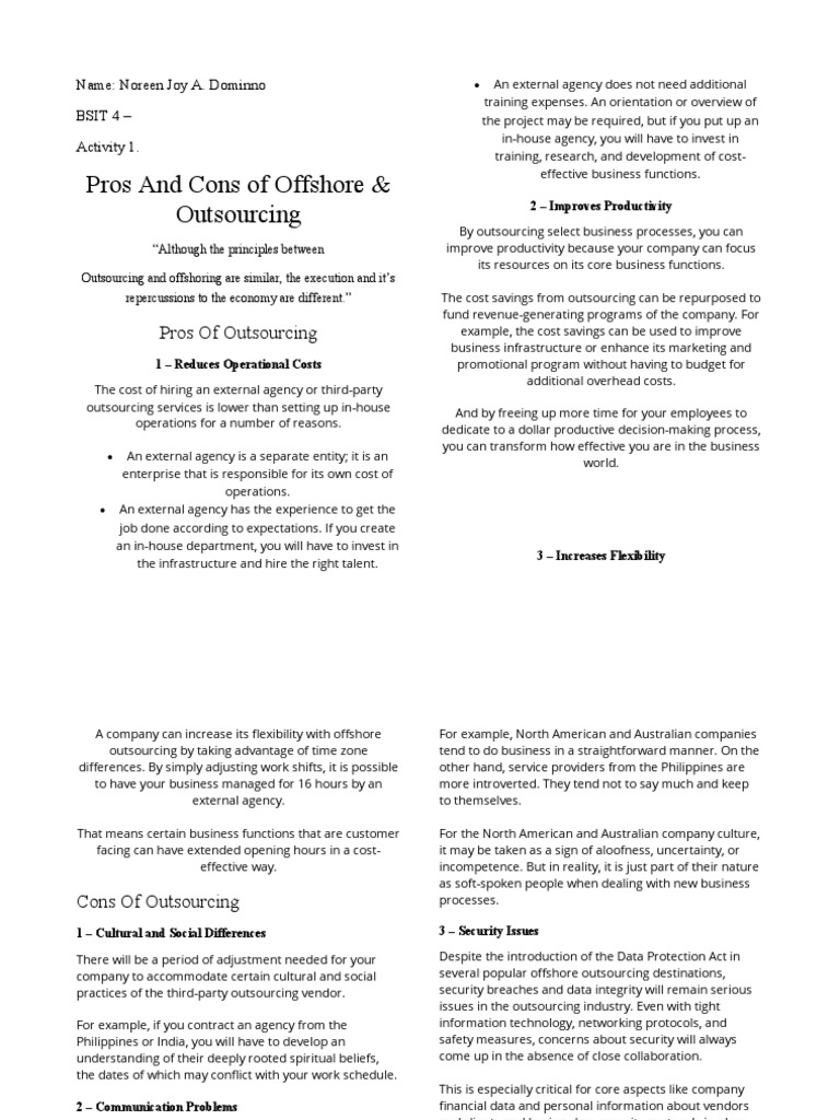 Offshore & Outsourcing: Pros and Cons | PDF | Business | Finance ...