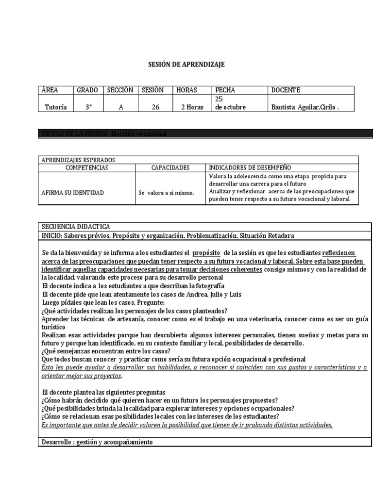 Sesión de Aprendizaje Orientacion Vocacional | PDF | Comportamiento ...