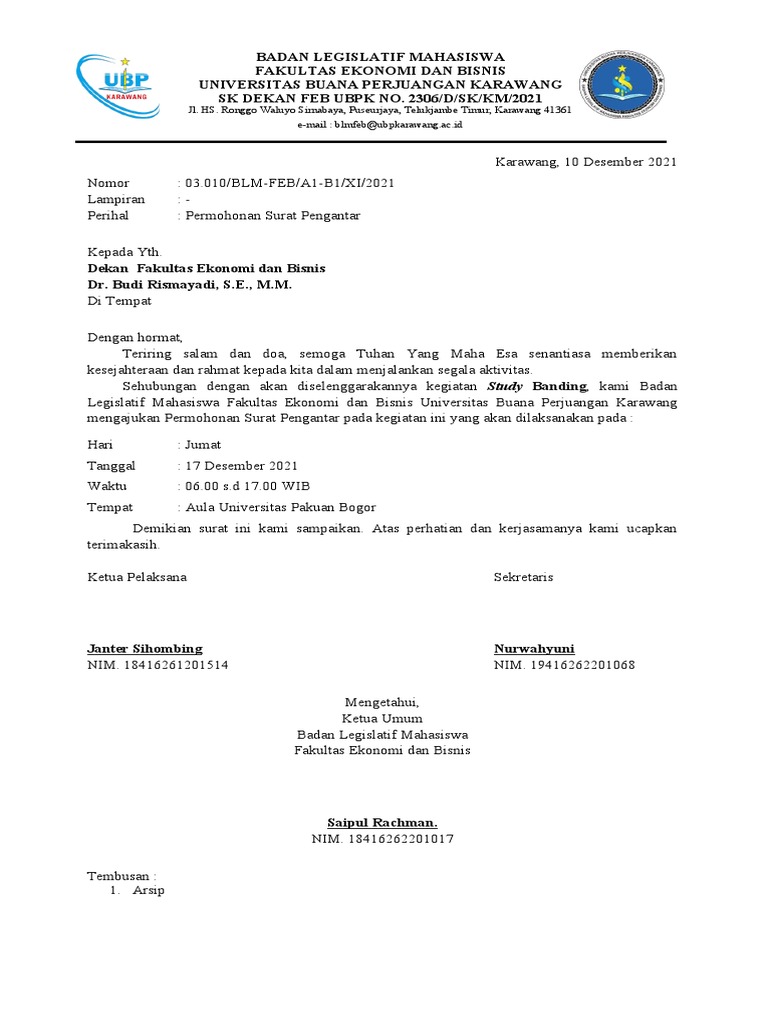 Surat Pengantar Rektorat (Study Banding) | PDF