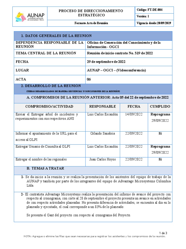 Acta 06 Reunión Seguimiento Contra | PDF | Itil | Business