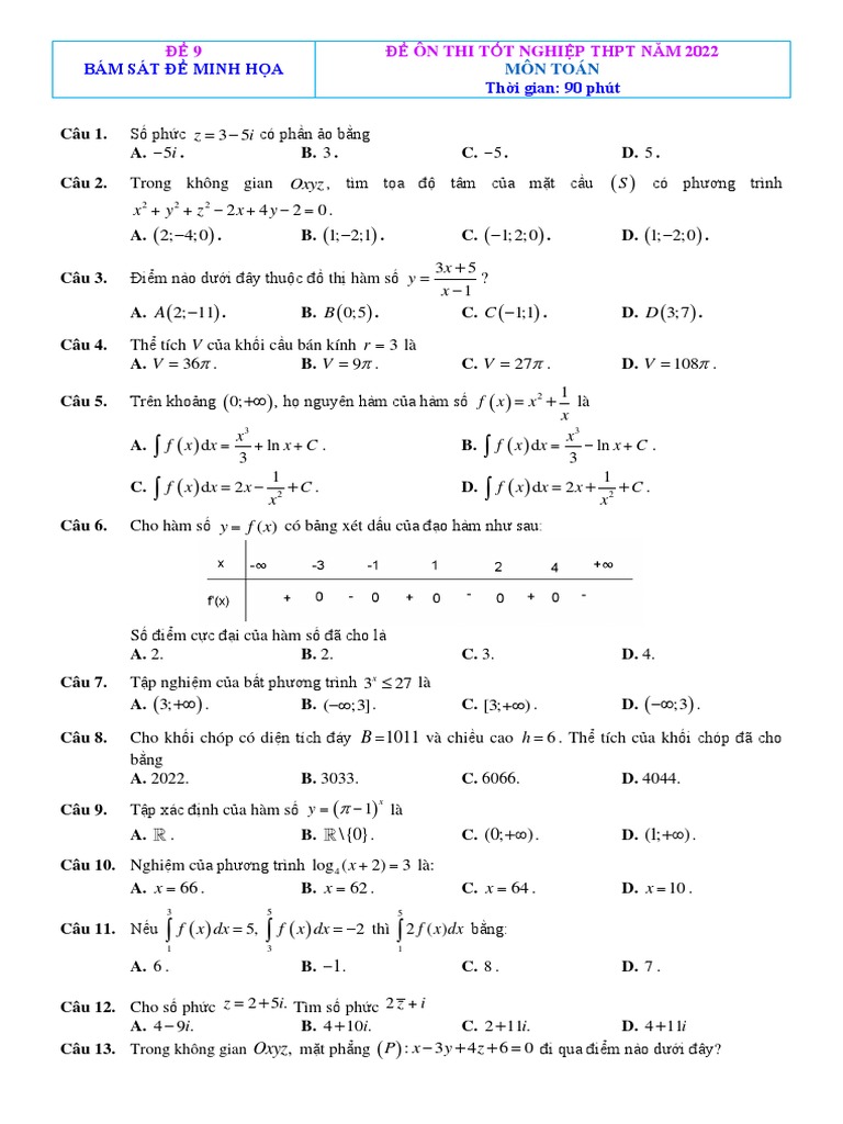 De On Thi TN THPT 2022 Mon Toan Phat Trien Tu de Minh Hoa de 9 | PDF