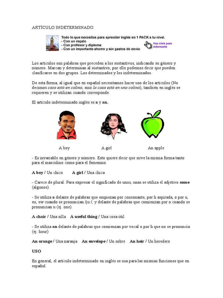 Uso del Artículo Indeterminado en Inglés | PDF | Numero Gramatical ...