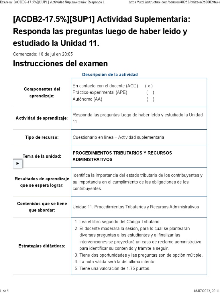 Examen (ACDB2-17.5 - ) (SUP1) Actividad Suplementaria Responda Las ...