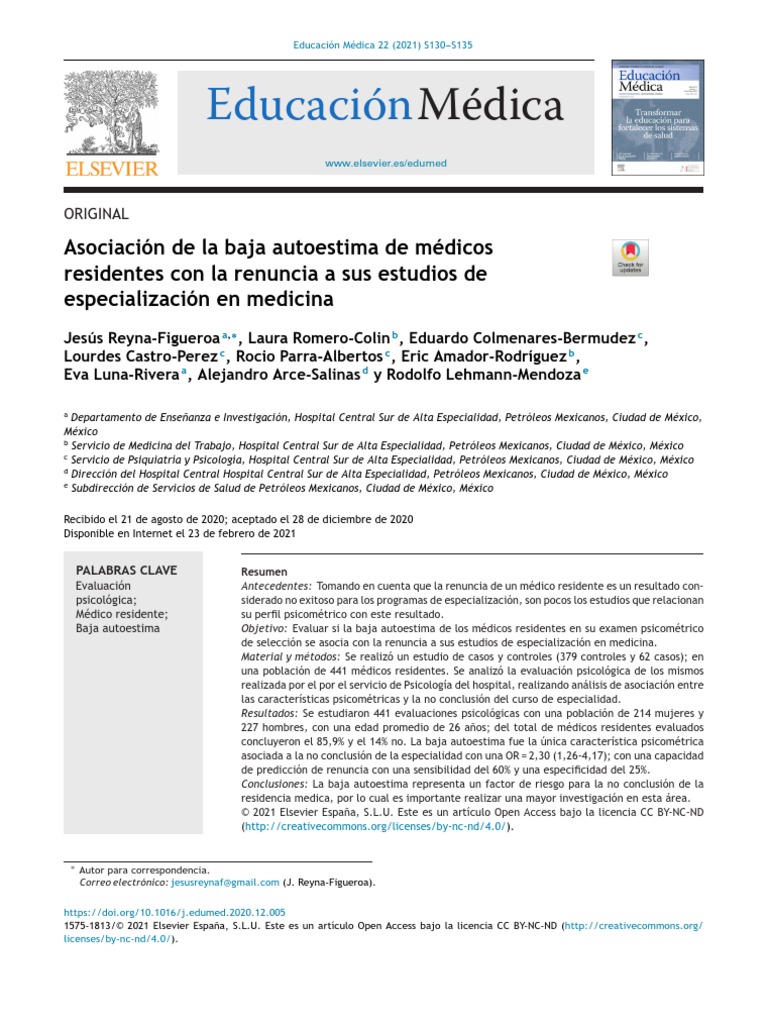 Asociaci N de La Baja Autoestima de M Dicos Residentes Con La - 2021 ...
