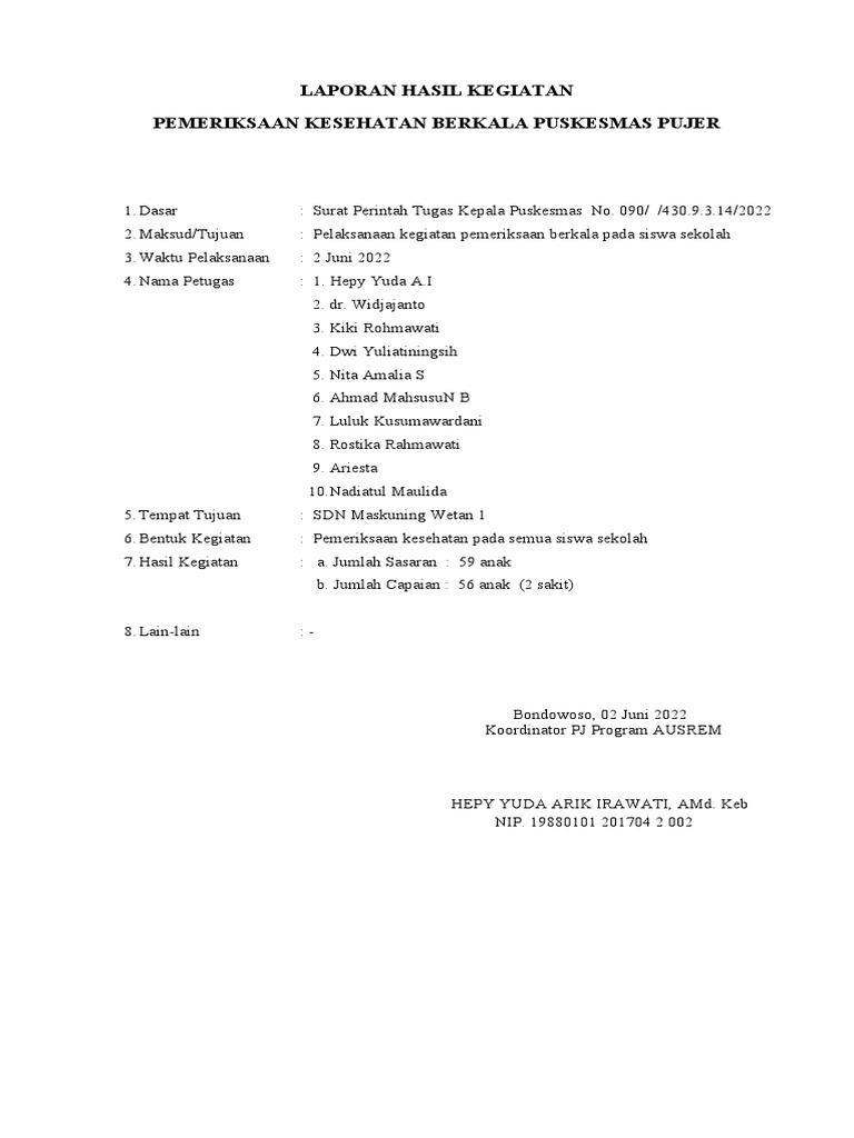 Laporan Hasil Kegiatan Ausrem Bok 2022 | PDF