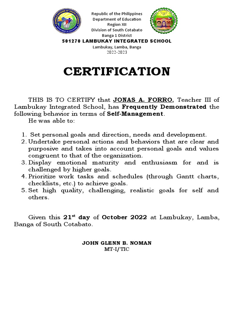 School Head Certification For Outstanding Teacher 2022 | PDF | Goal ...