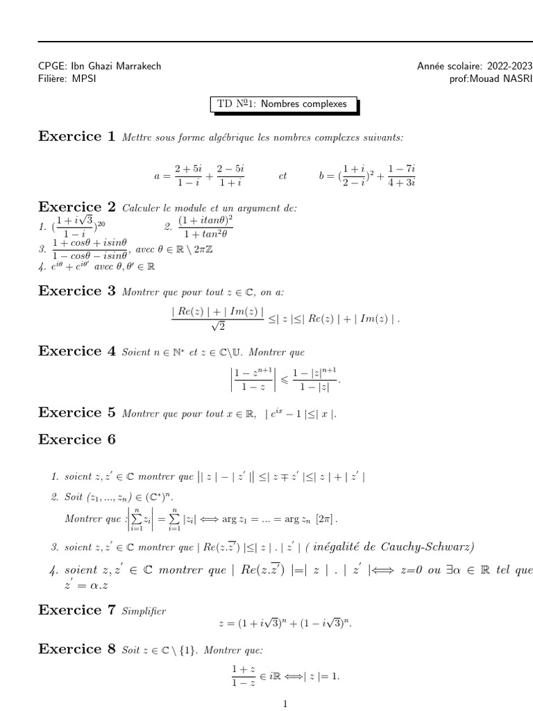 Td1-Nombre Complexe | PDF | Algèbre générale | Relations mathématiques
