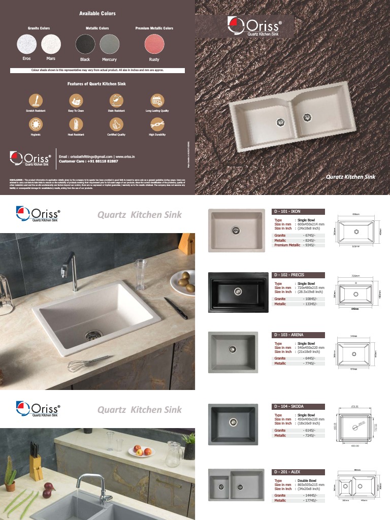 Oriss Quartz Kitchen Sink Price List | PDF | Sink | Materials