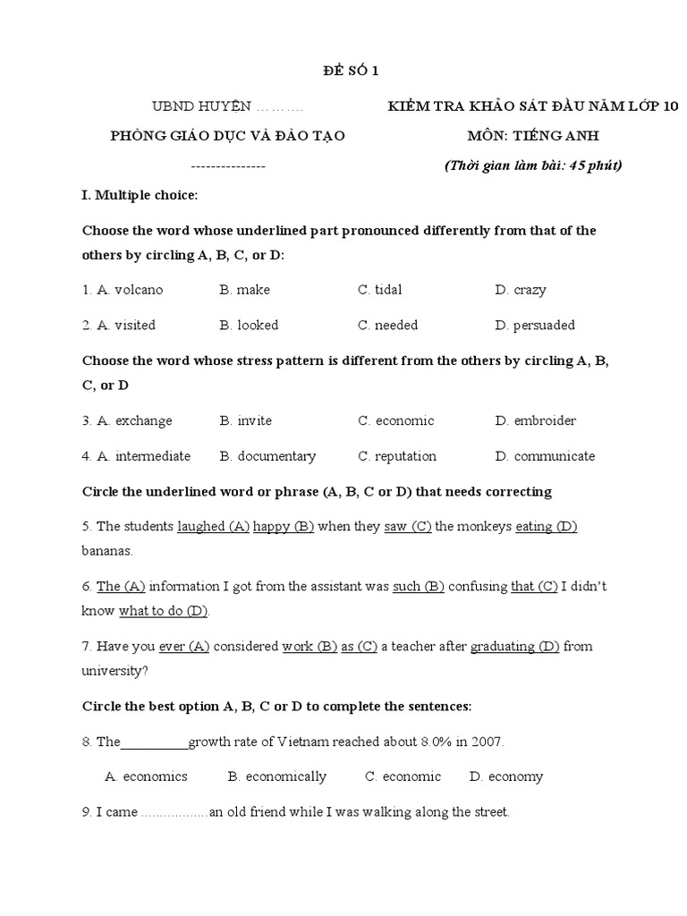 De Thi Khao Sat Chat Luong Dau Nam Mon Tieng Anh Lop 10 | PDF