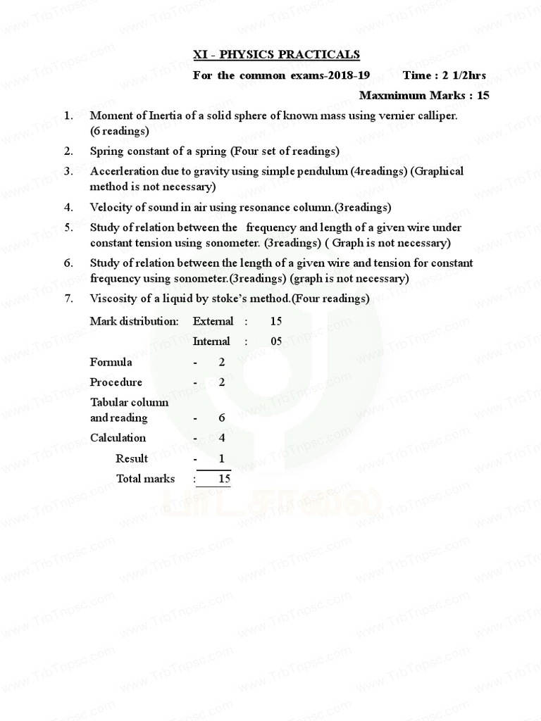 11th Physics Practical Question Paper English Medium | PDF | Metrology ...