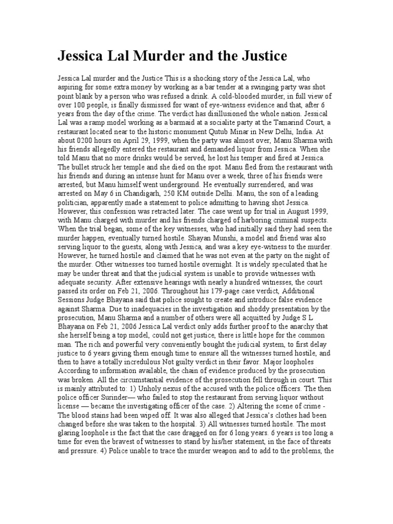 Jessica Lal Murder and The Justice | PDF | Criminal Justice | Crime ...