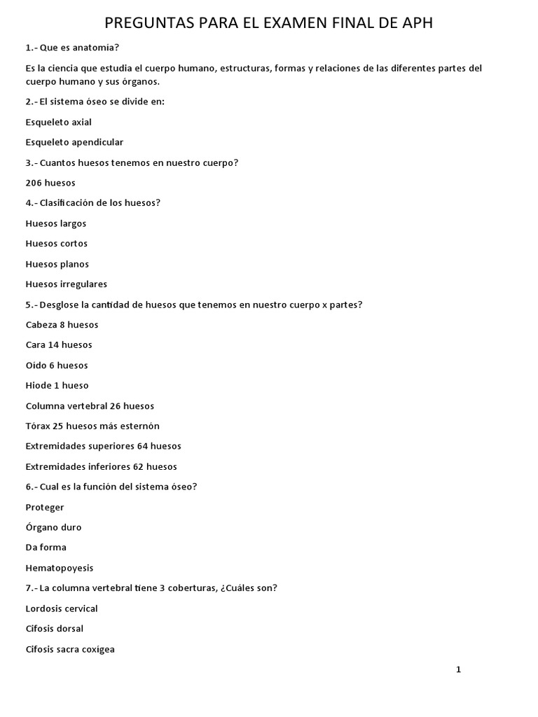 Preguntas para El Examen Final APH | PDF | Esqueleto | Reanimación cardiopulmonar