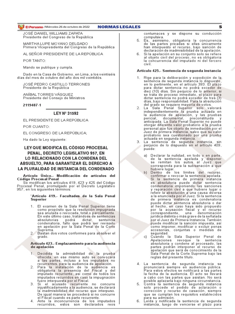 Ley 31592: Modifican Código Procesal Penal para Garantizar Derecho A La ...