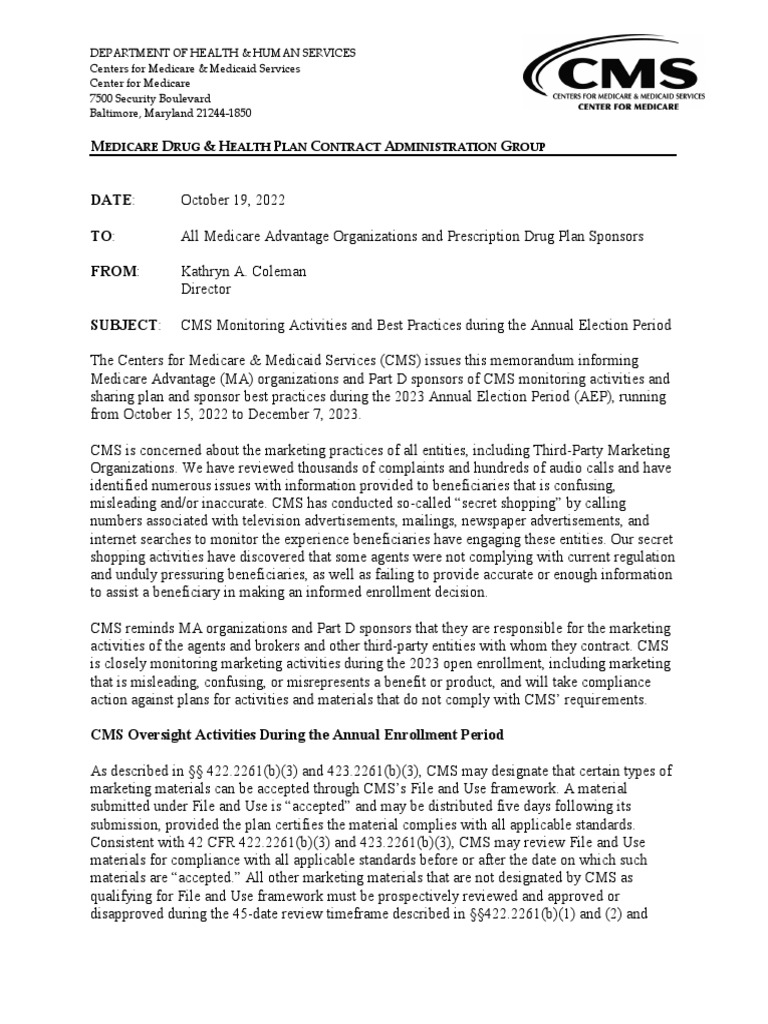 CMS Marketing Practices Memo | PDF | Medicare (United States) | Marketing