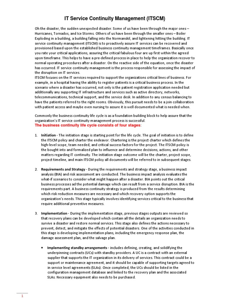 It Service Continuity Management Itscm | PDF | Disaster Recovery | Risk
