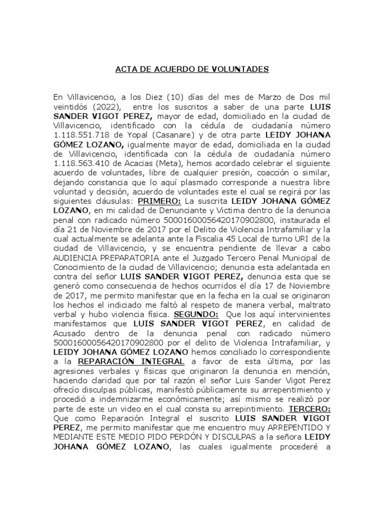 Acta de Acuerdo de Voluntades - Principio Oportunidad | Descargar gratis PDF | Violencia doméstica
