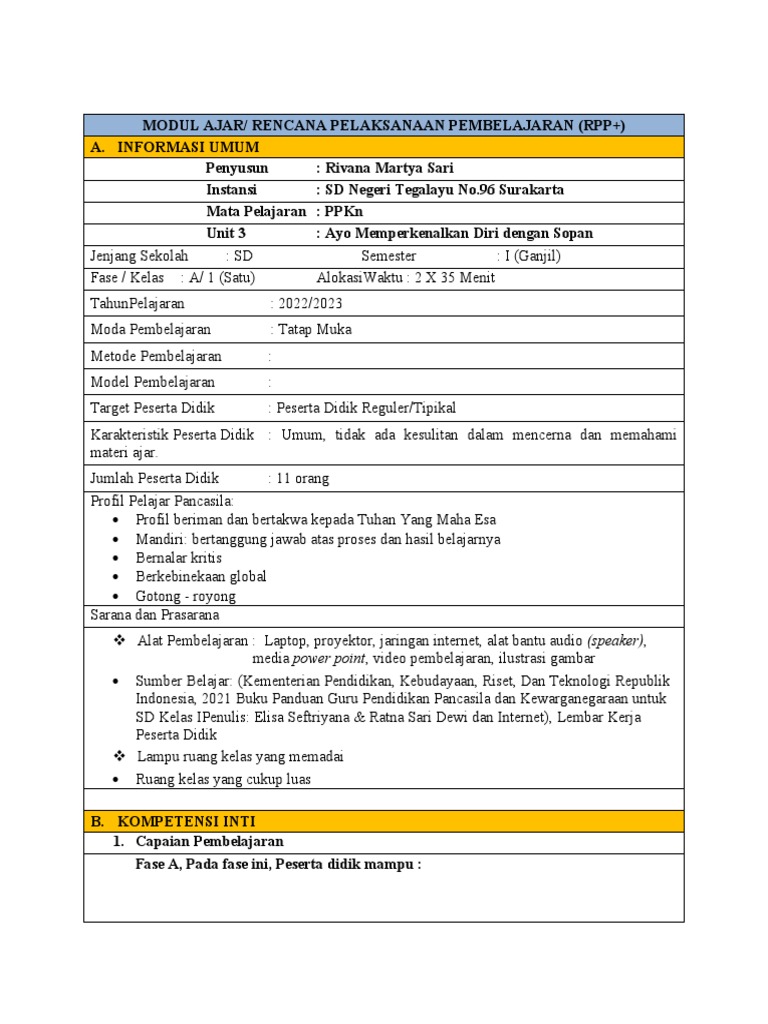 Modul Ajar PPKN Kelas 1 Unit 3 PB 3 | PDF