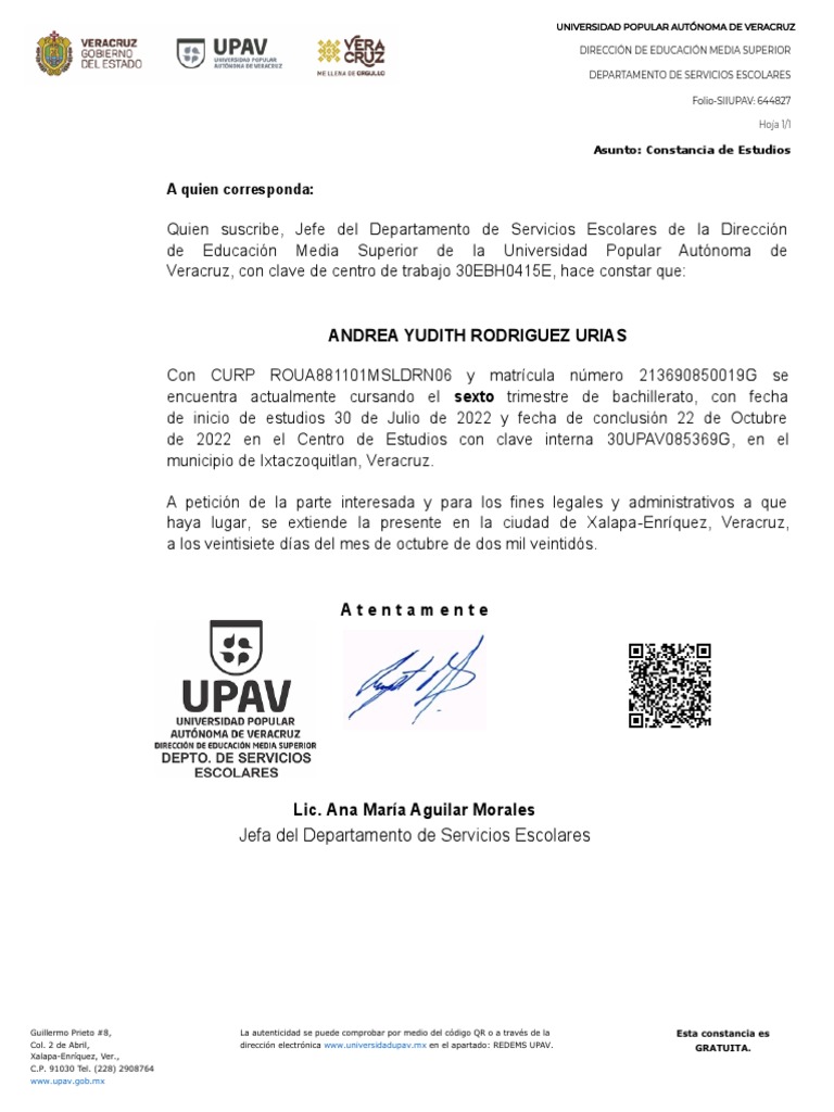 Constancia de Estudios Bachillerato UPAV | PDF