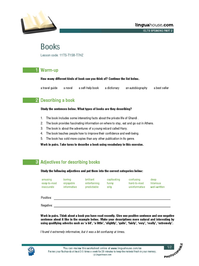 Describing A Book Ielts Speaking Part 2 British English Teacher | PDF ...