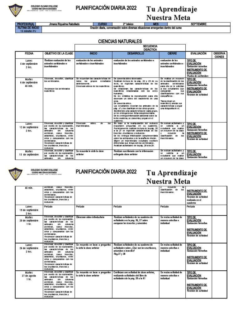 Planificación Ciencias Septiembre | PDF | Evaluación | Invertebrado