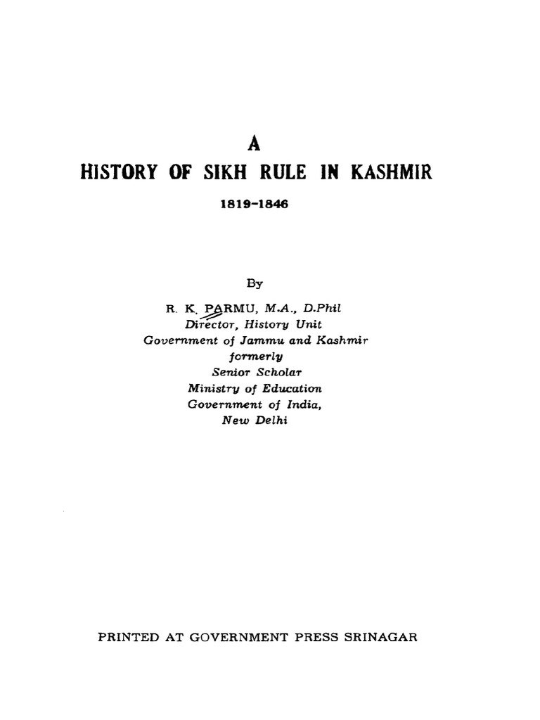 A History of Sikh Rule in Kashmir, 1819-1846 (R. K. (Radha Krishna ...
