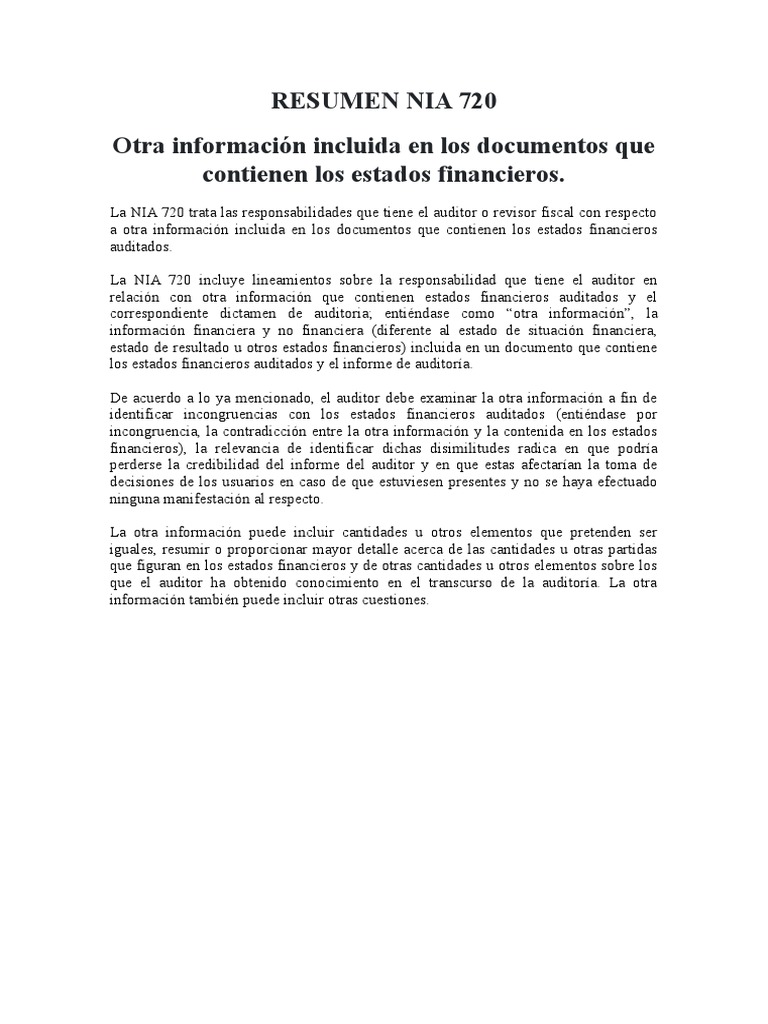 RESUMEN NIA 720 y Papeles de Trabajo | PDF | Auditoría | Contralor